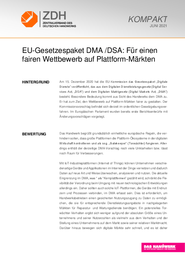 ZDH-Kompakt: EU-Gesetzespaket: Für einen fairen Wettbewerb | ZDH